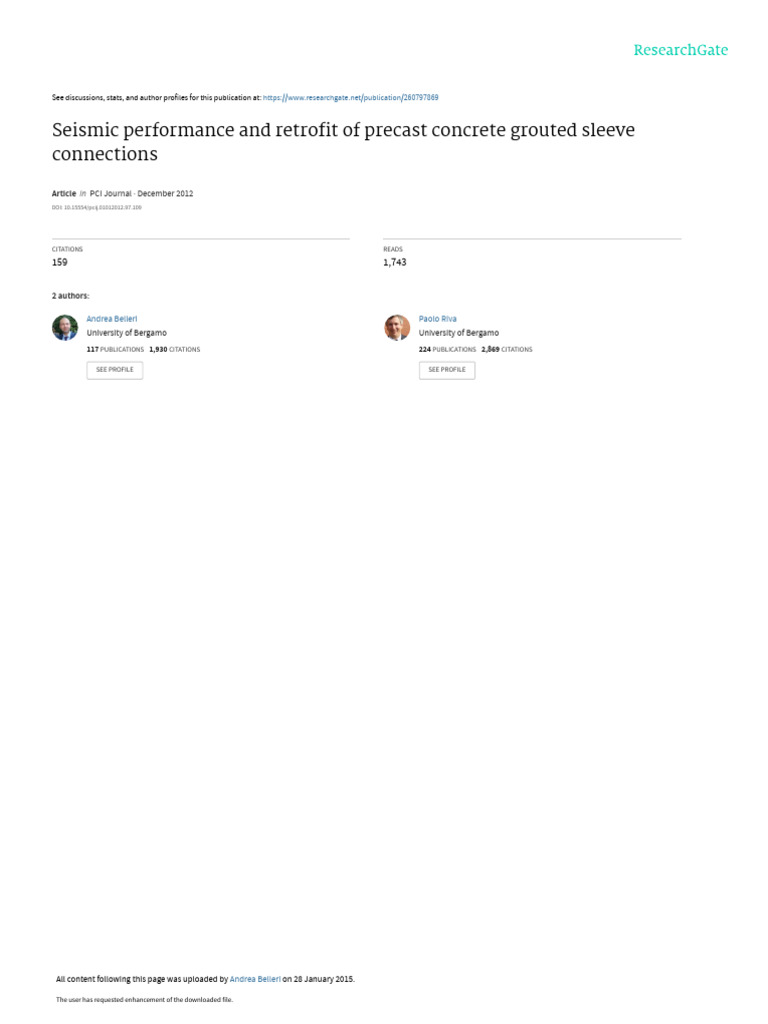 Seismic Perfomance Precast Concrete Grouted Sleeve Connections | PDF