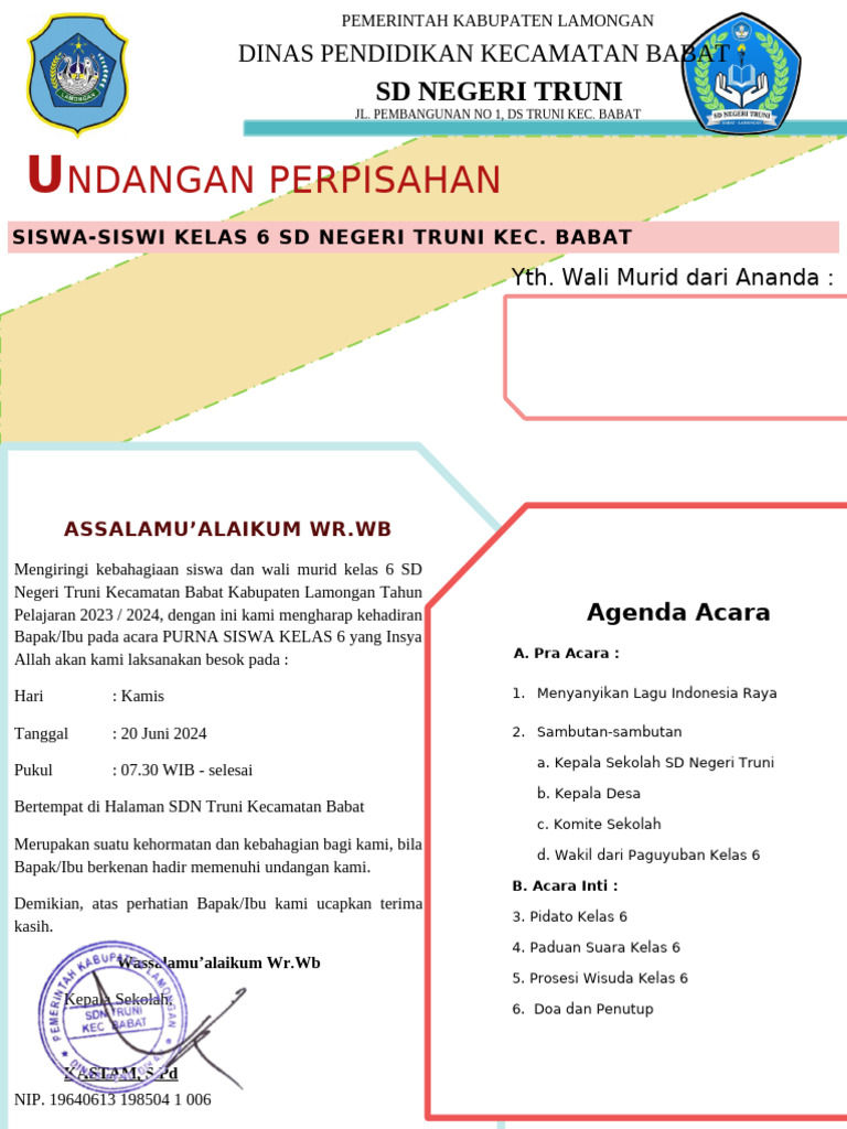 Undangan Acara Purna Siswa SDN Truni (2023-2024) | PDF
