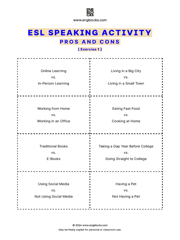 Esl Speaking Activity Pros and Cons Exercise 1 | PDF