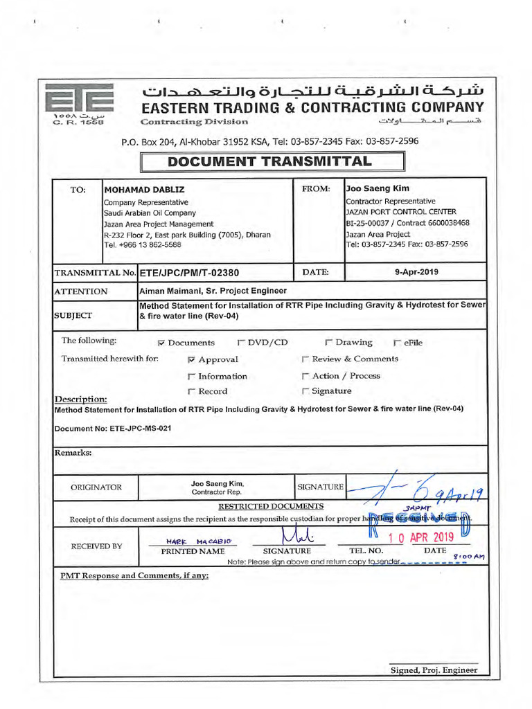 ETE-JPC-PMT-02380 Method Statement For Installation of RTR Pipe (Rev-04 ...