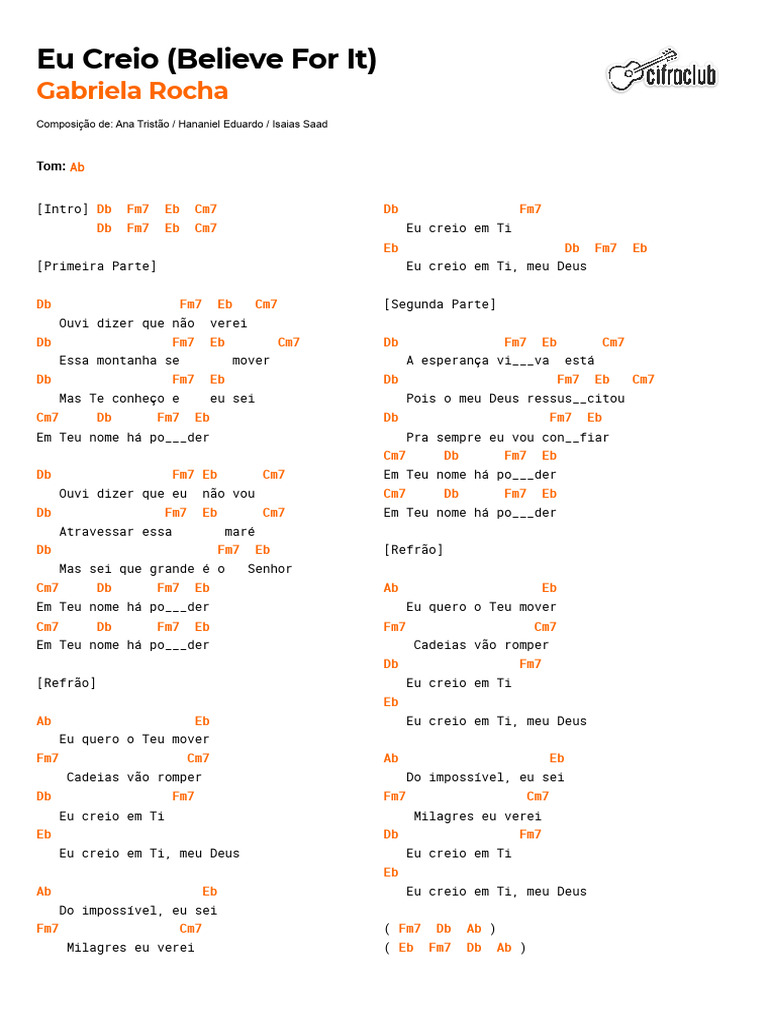 Cifra Club - Gabriela Rocha - Eu Creio (Believe For It) | PDF