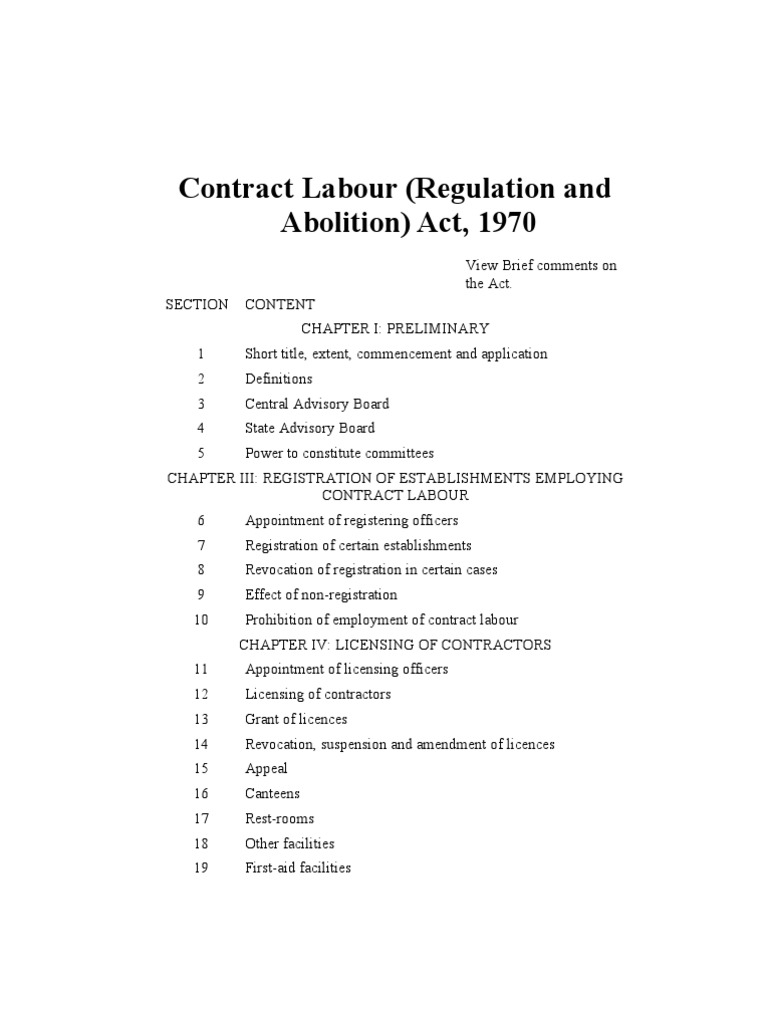 Contract Labour (Regulation and Abolition) Act, 1970 | PDF | Employment ...