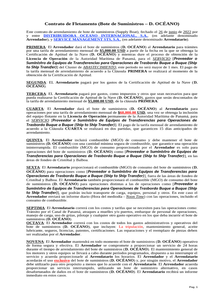 SMSTS - Contrato de Fletamento (D'Oceano 2022.02.16) | PDF