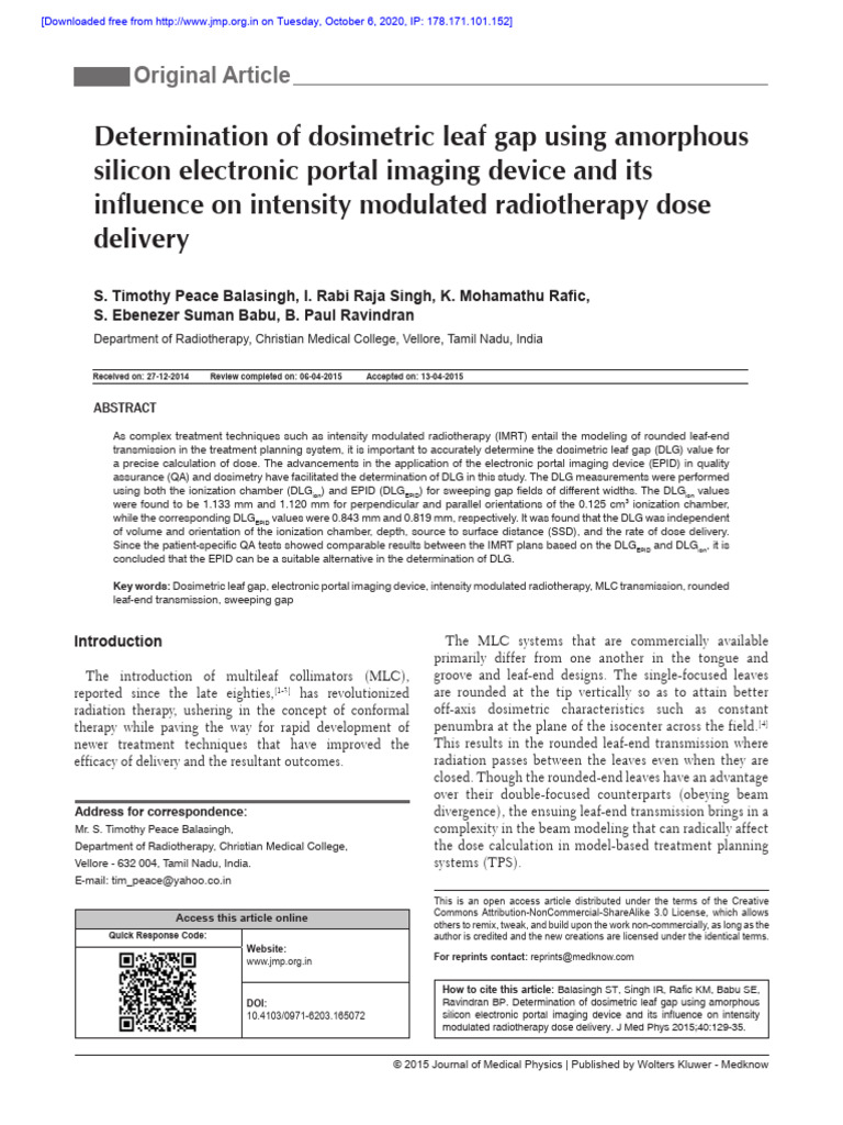 Determination of Dosimetric Leaf Gap Using Amorpho | PDF