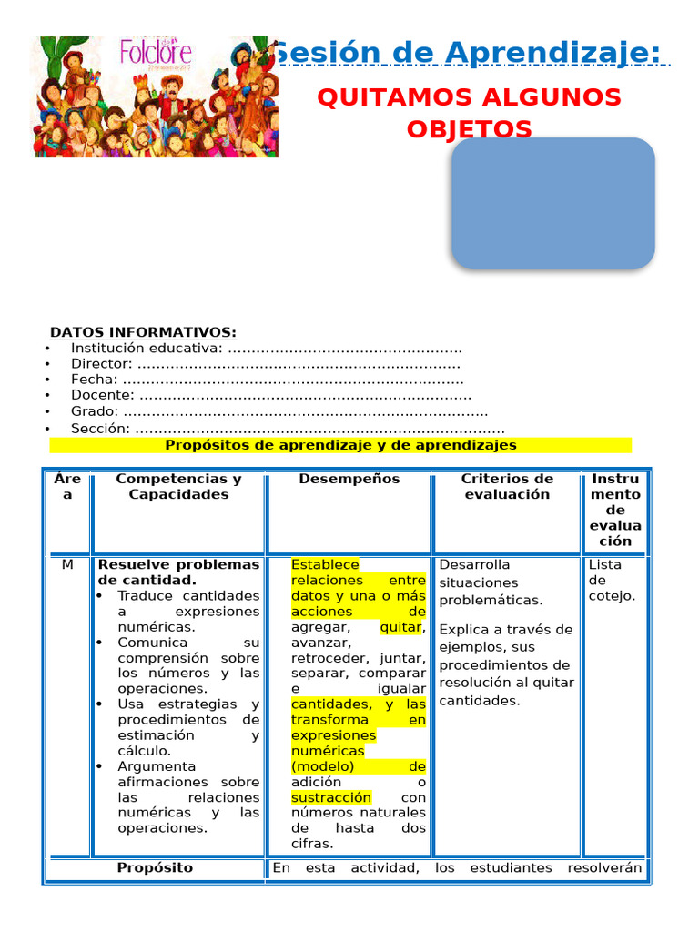 2° Sesión Día 3 Mat Quitamos Algunos Objetos | PDF | Evaluación