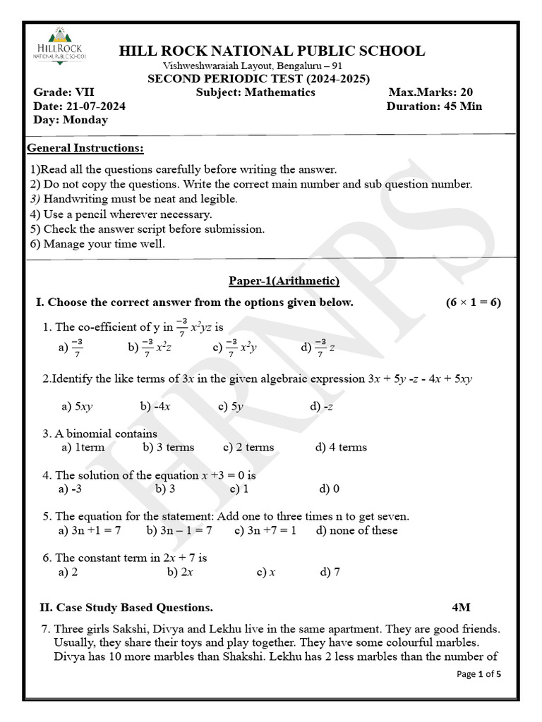 Grade 7 Math PT2 Q.P, 2024-25 | PDF