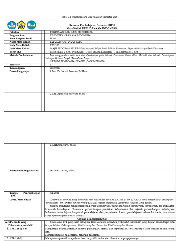 Rps Kebudayaan Indonesia s1 2022 Sarwit-Rev | PDF