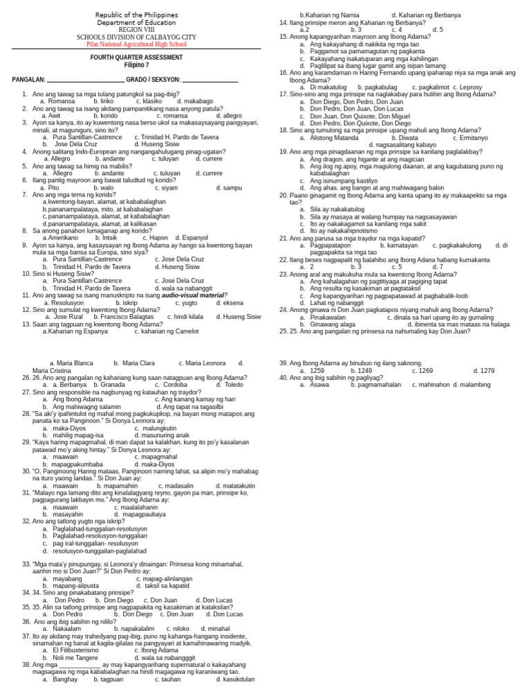 4TH Q Filipino7 TQ Final | PDF