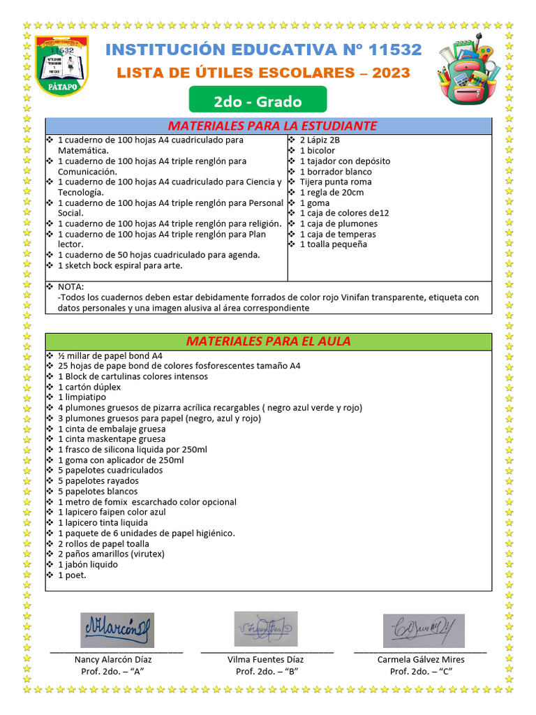 Lista de Utles Escolares 2do Grado 2023 | PDF