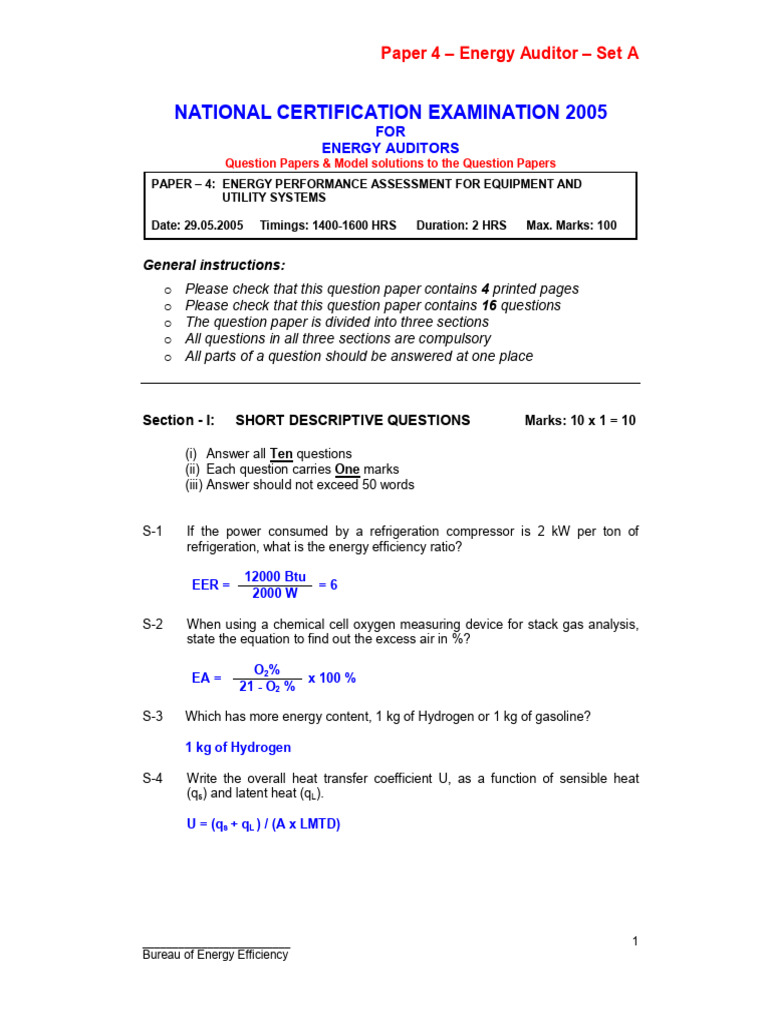 National Certification Examination 2005: Paper 4 - Energy Auditor - Set ...