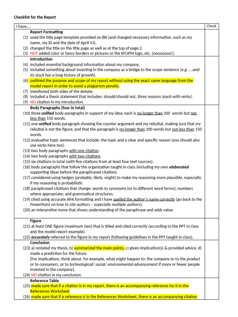 39 - ENGL 102 Checklist For The Term Report | PDF