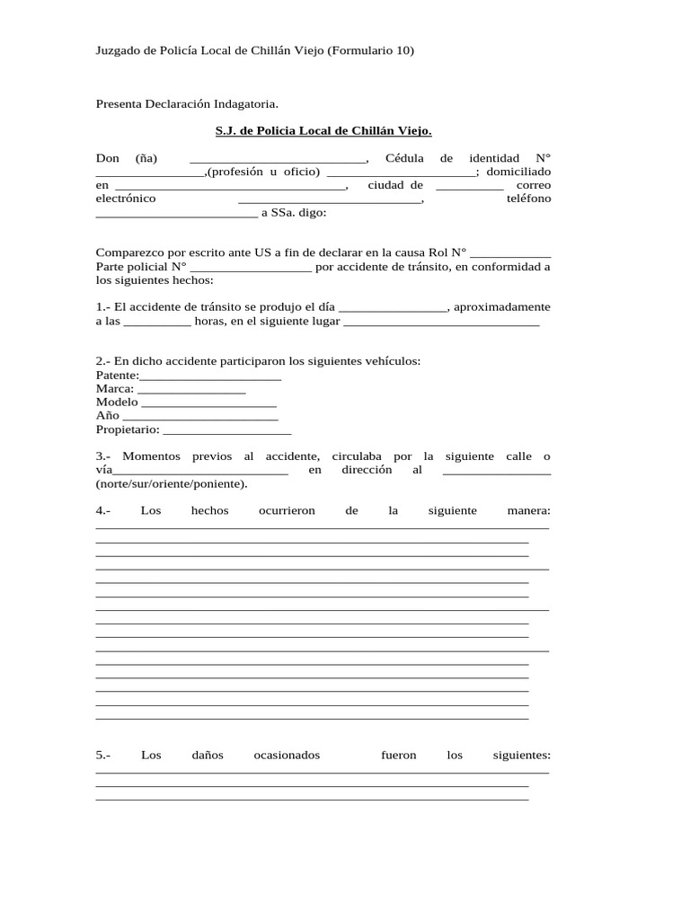 Formulario 10 Declaracion Indagatoria Accidentes | PDF