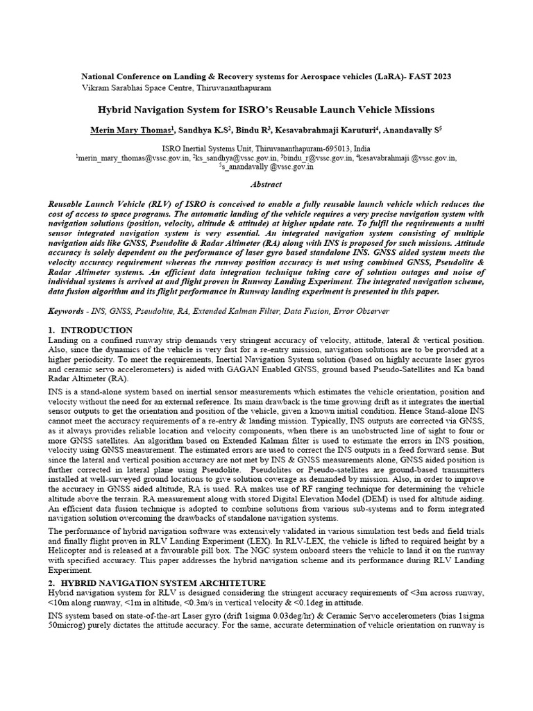 Hybrid Navigation System For ISRO's Reusable Launch Vehicle Missions | PDF