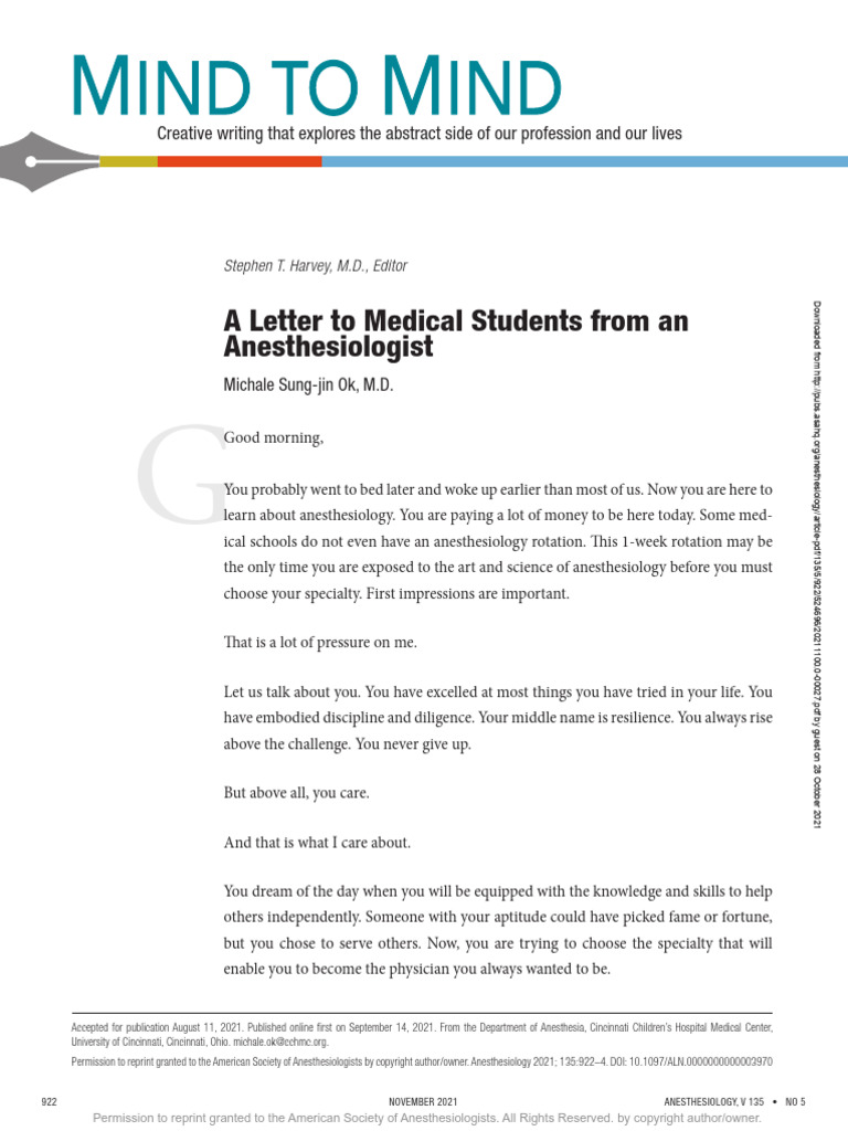 A Letter To Medical Students Fron An Anesthesiologist - Anesthesiology ...