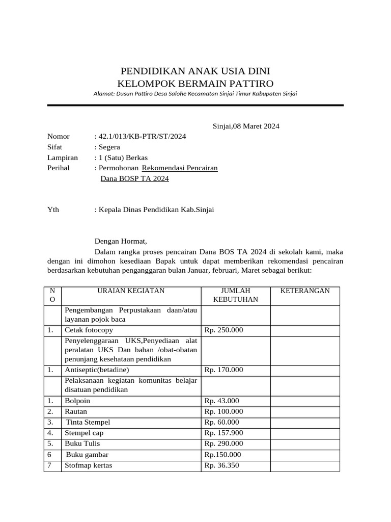 SURAT PERMOHONAN KB Pattiro | PDF