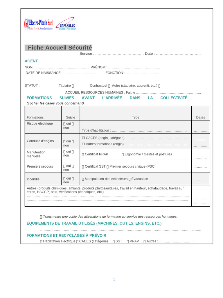 Annexe 19 fiche d'acceuil sécurité | PDF