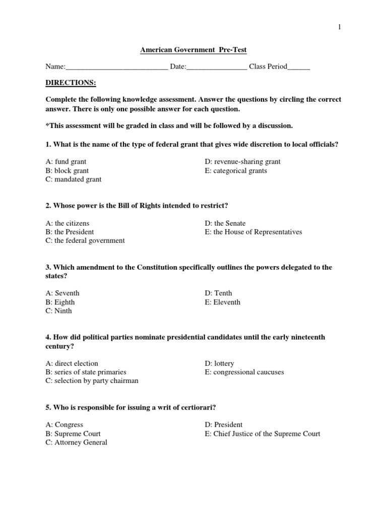 American Government Pre Test | PDF | United States Congress | American ...