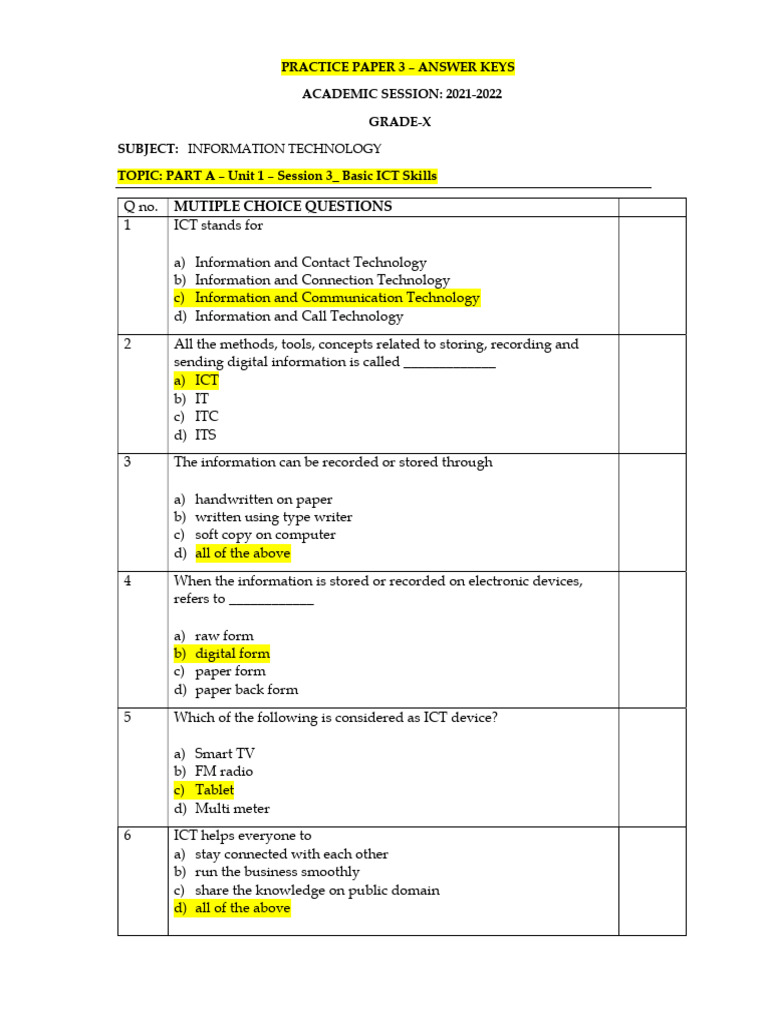 Answer Keys - It Sample 3 - Basic Ict Skills | PDF