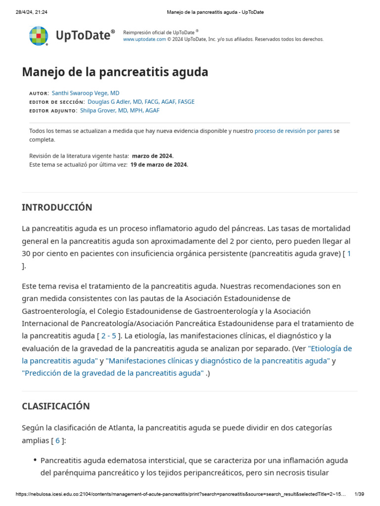 Manejo de La Pancreatitis Aguda - UpToDate | PDF