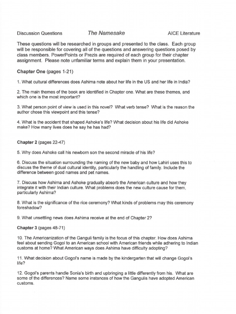 The Namesake Discussion Questions Page 1 | PDF