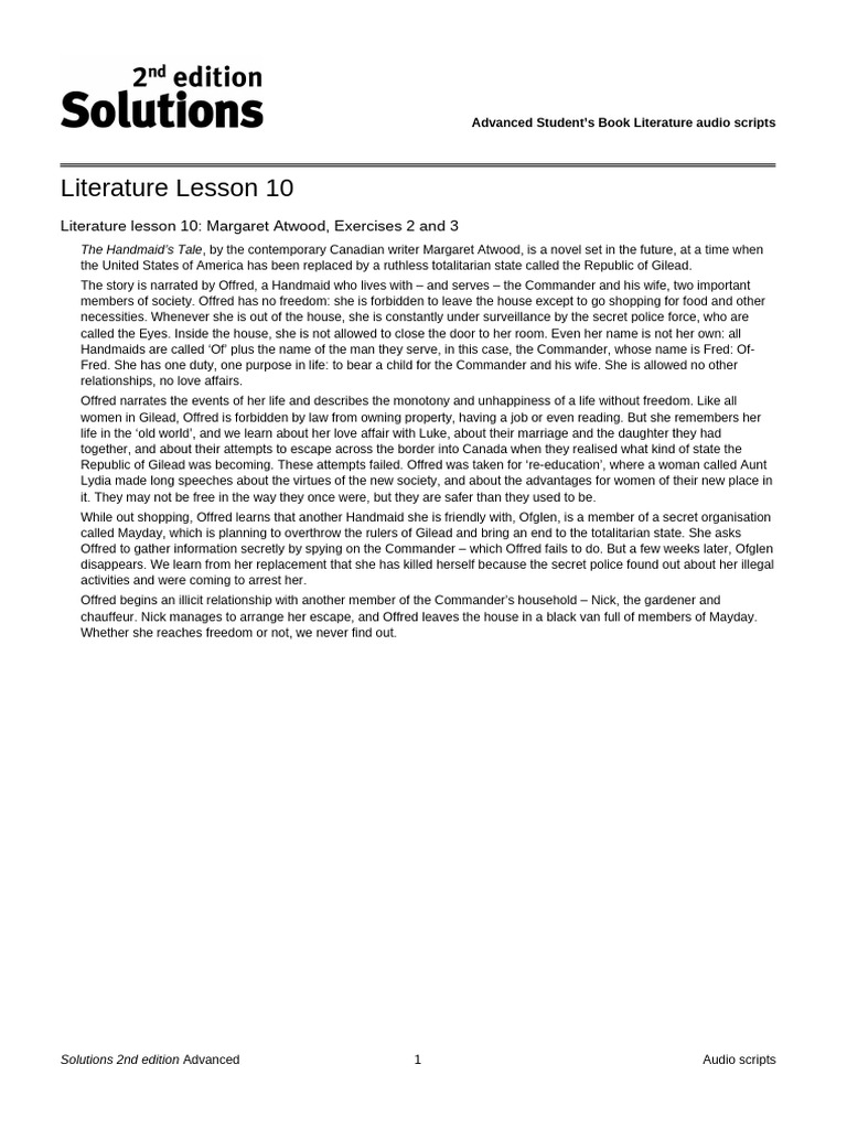 Literature Lesson 10: Margaret Atwood, Exercises 2 and 3 | PDF