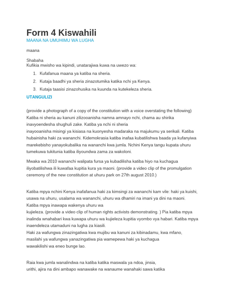Kcse Kiswahili Form 4 Notes | PDF