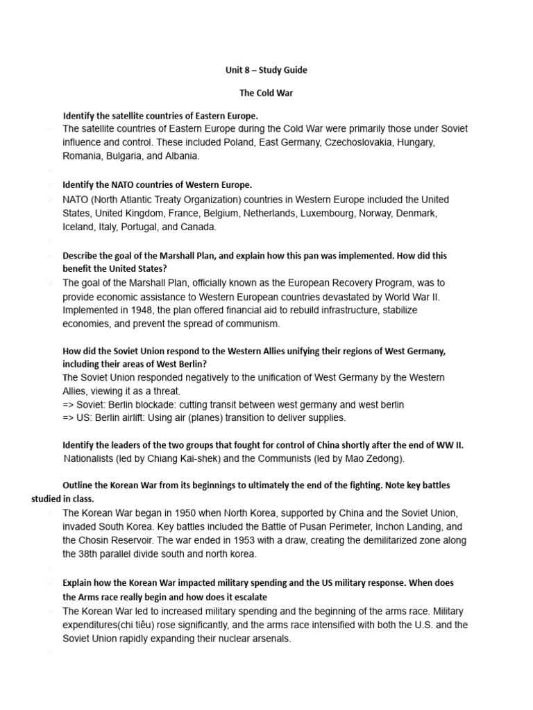 Unit 8 Study Guide - The Cold War | PDF