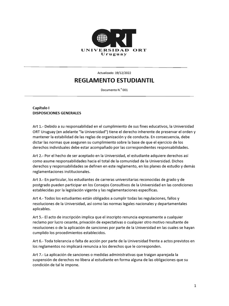 Reglamento Estudiantil Documento 001 | PDF