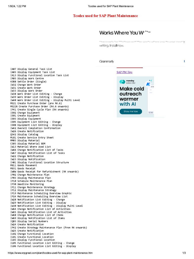 Tcodes Used For SAP Plant Maintenance | PDF