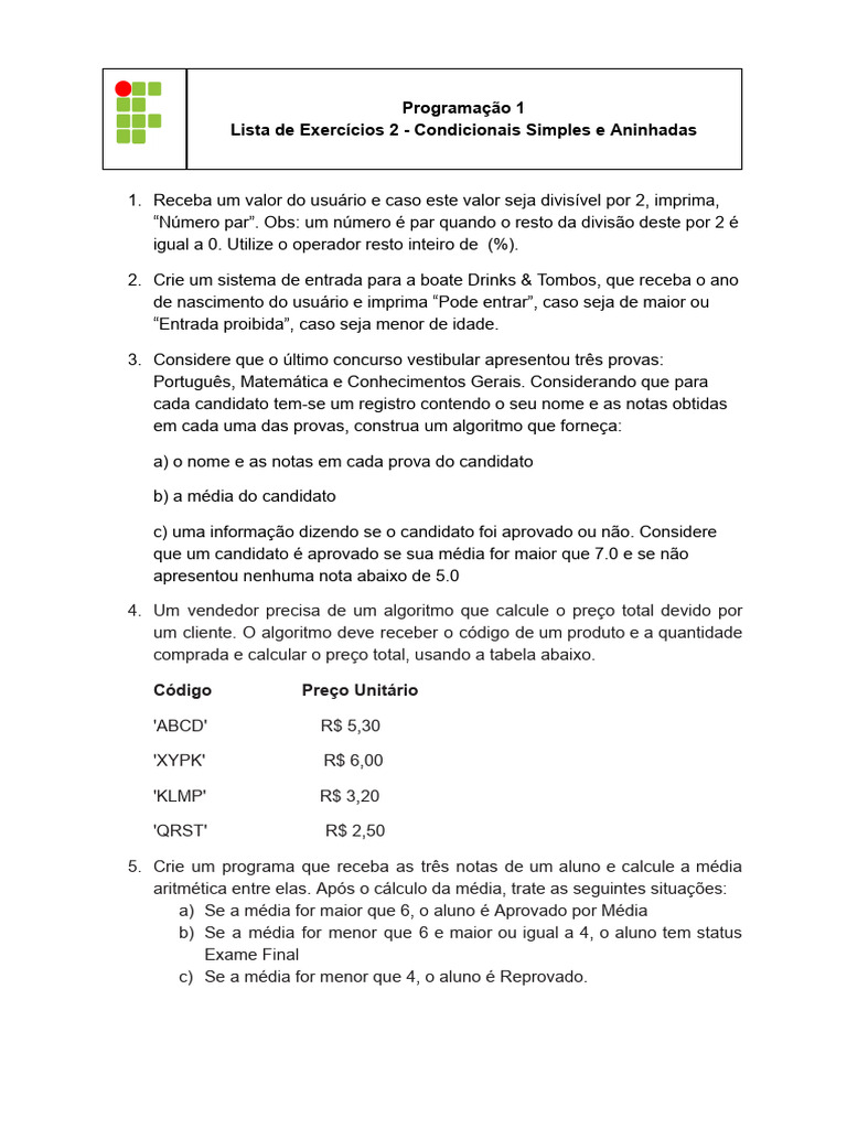 Lista Exercicios 2 Condicionais | PDF