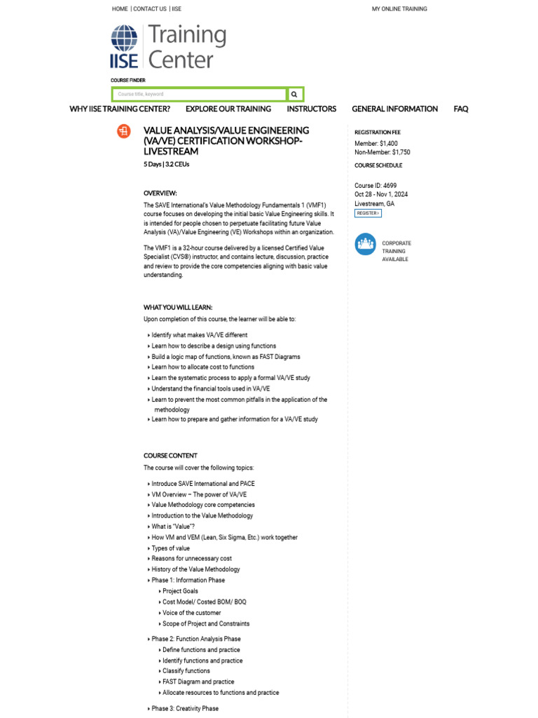 Value Analysis - Value Engineering (VA - VE) Certification Workshop ...