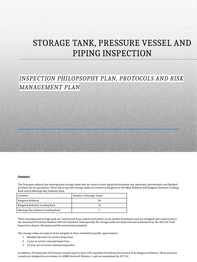 Tank Integrity Plan Management Plan | PDF