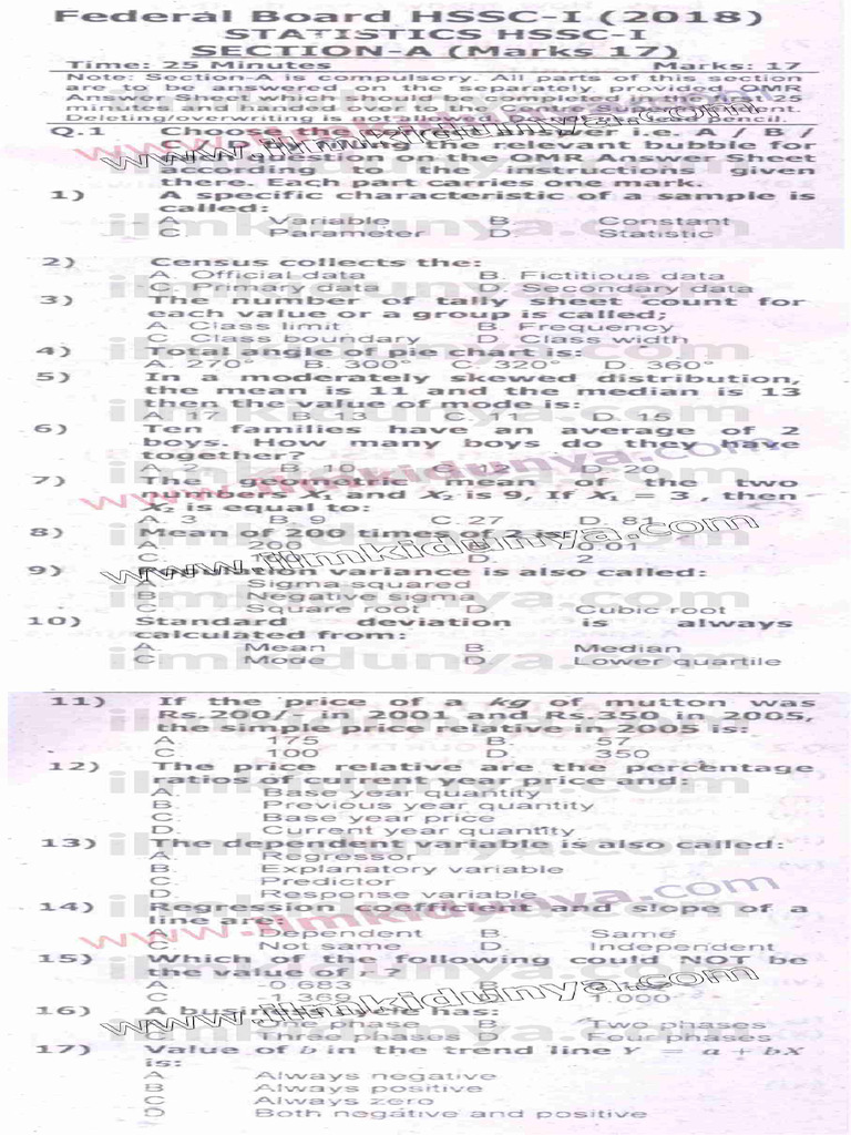 Past Papers Federal Board 2018 Inter Part 1 Statistics English Medium Objective | PDF