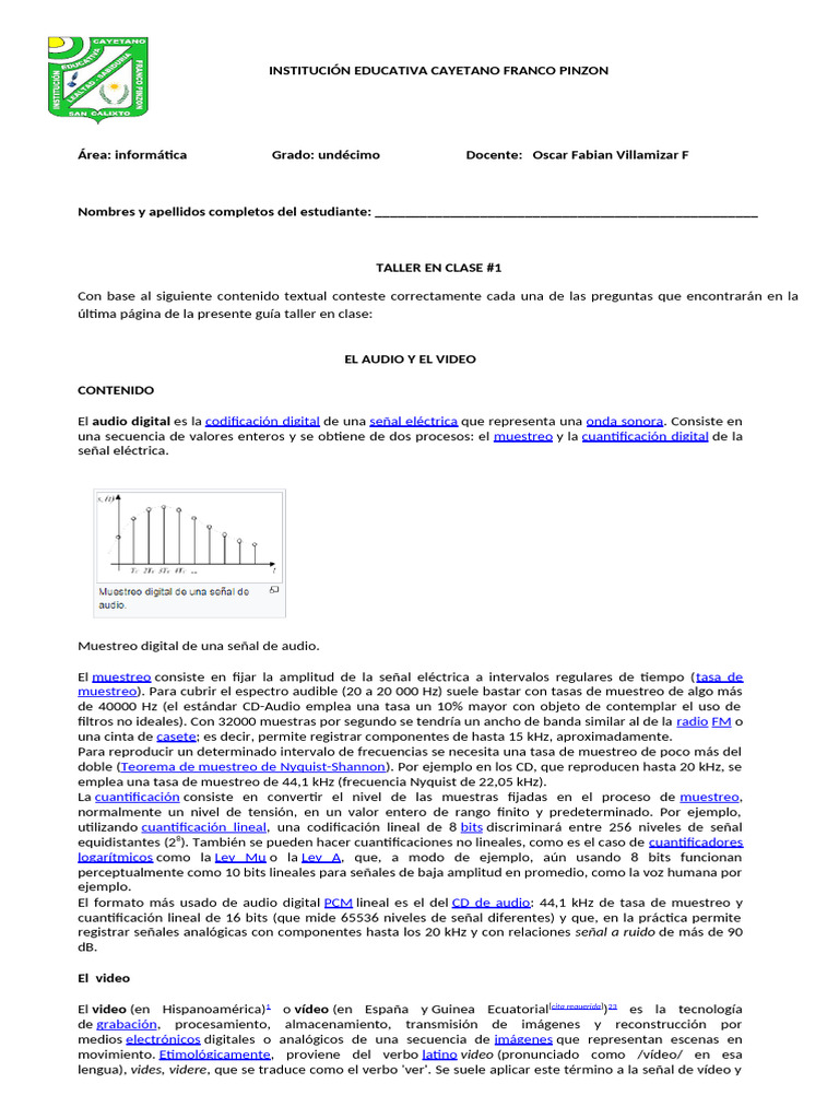 Taller en Clase #1 - Tecnología e Informática - Primer Período - Grado Undécimo - Grupos A - B | PDF