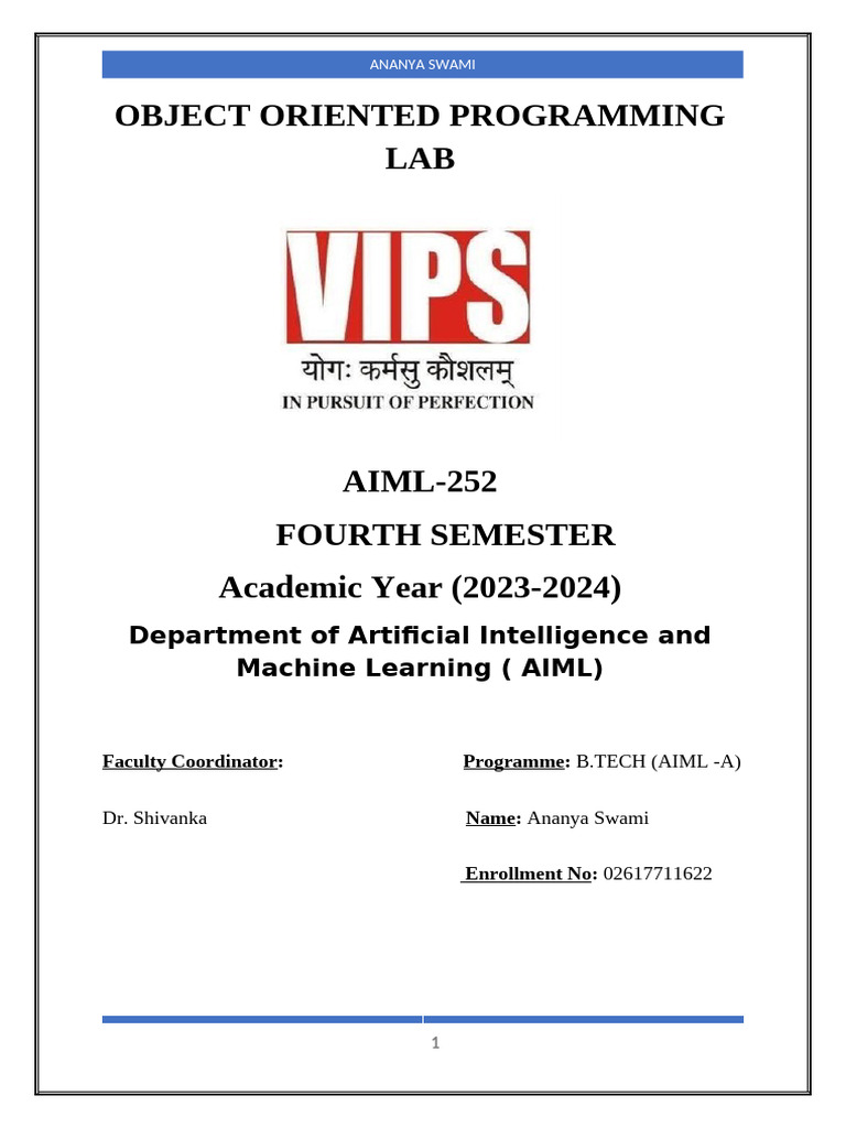 Object Oriented Programming LAB: Department of Artificial Intelligence and Machine Learning ...