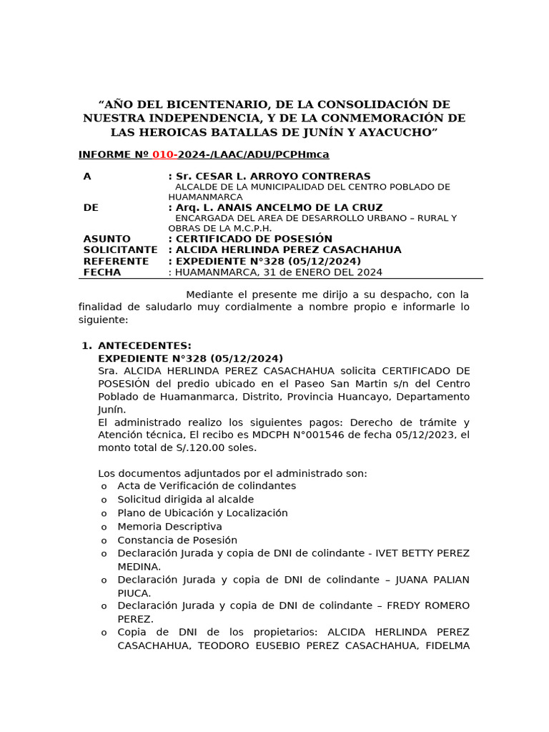 Informe 010 - Alcida Herlinda Perez Casachahua | PDF