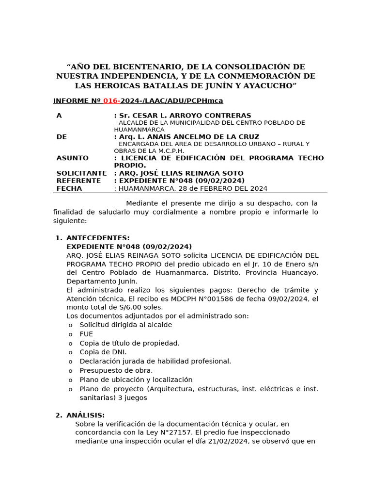 Informe 016 - Techo Propio Remigio Poma Victor Modesto | PDF