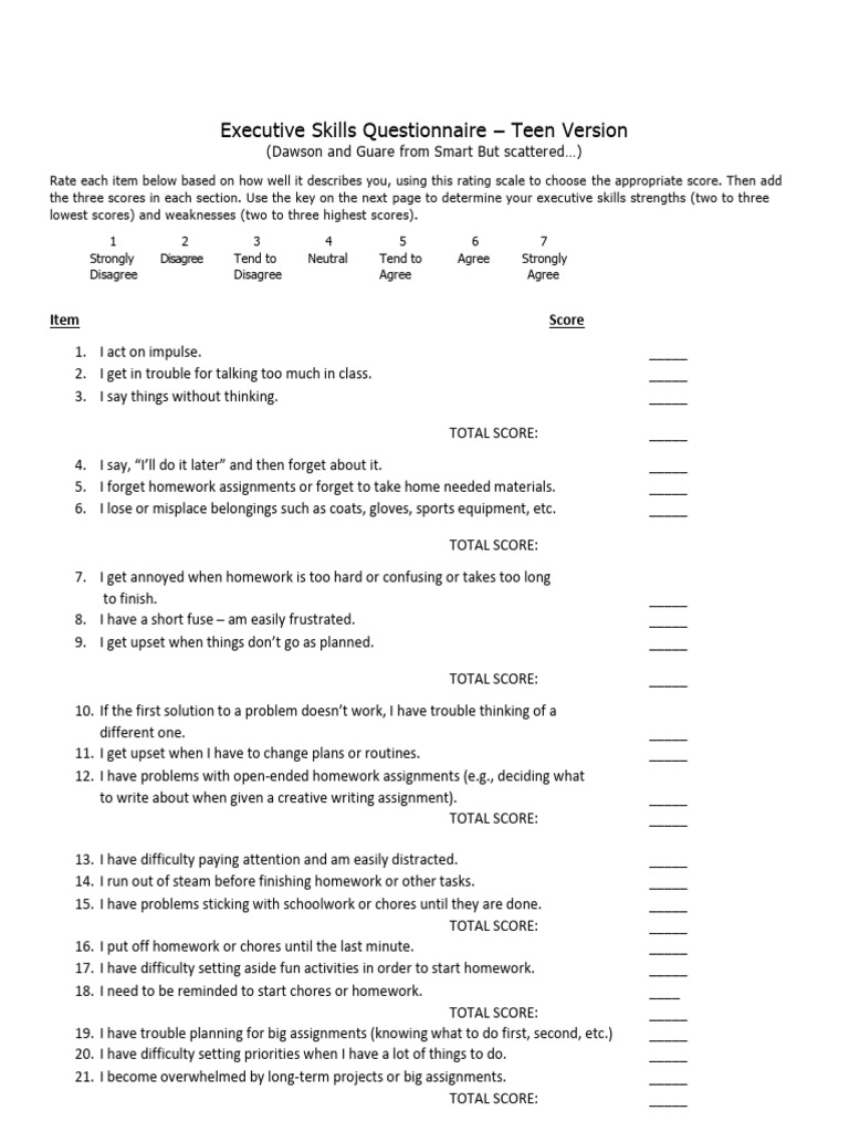 A4 Executive Skills Questionnaire - Teen | PDF