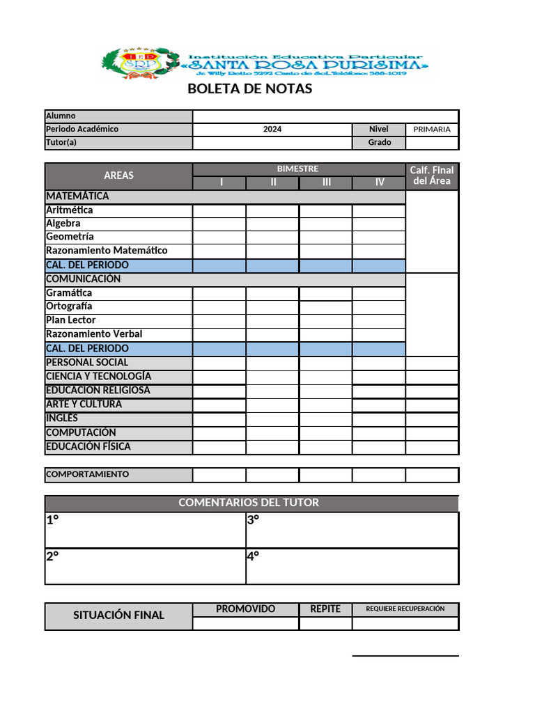 Boleta de Notas Primaria 2024 | PDF