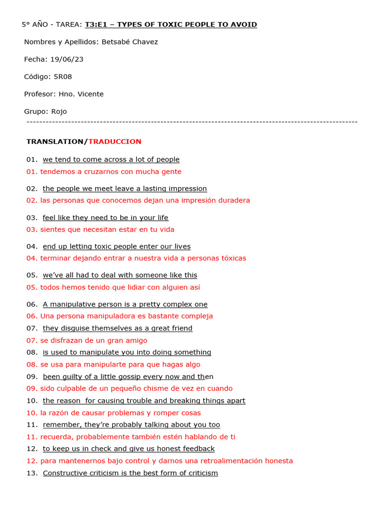 5° TEMA 03 SEPARATA. TYPES OF TOXIC PEOPLE TO AVOID - 5R08 | PDF
