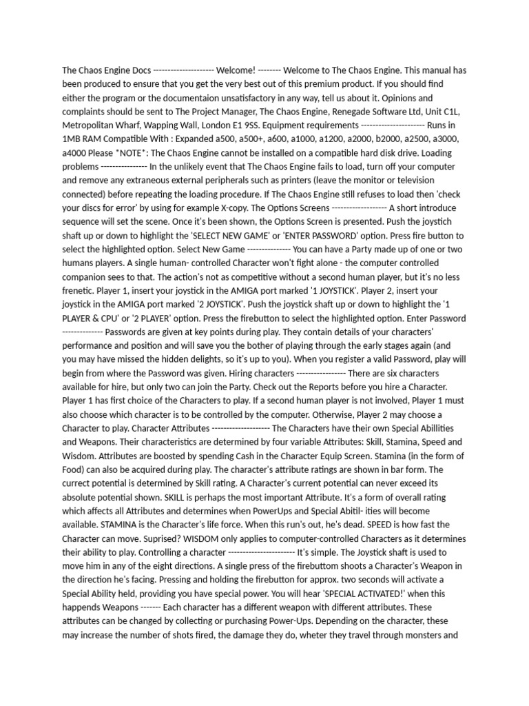 The Chaos Engine User Manual | PDF | Microcomputers | Games & Activities