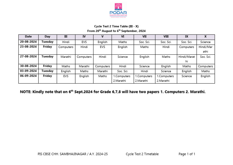 Grade 3 To 10 Cycle Test 2 Time Table 2024-24 | PDF