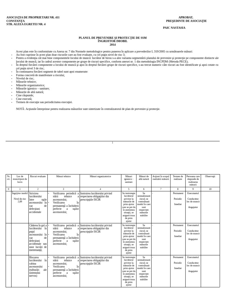 Plan de Prevenire Si Protectie - MENAJERA | PDF