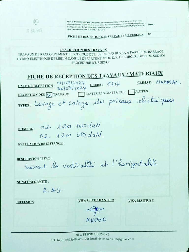 Fiche de Réception Des Travaux Mois Juillet 2024 | PDF