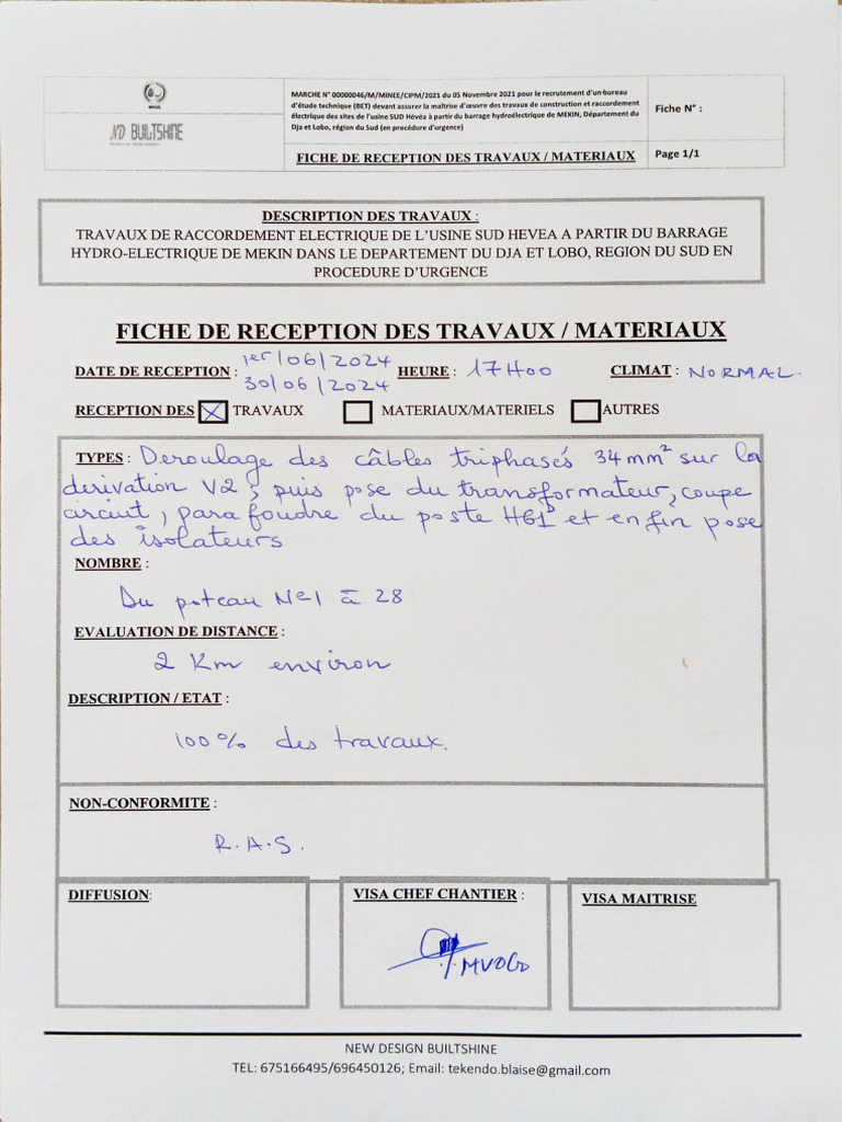 Fiche de Réception Des Travaux Mois Juin | PDF