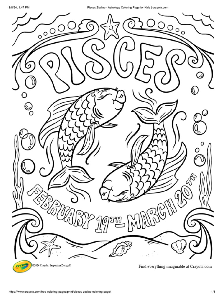 Pisces Zodiac - Astrology Coloring Page For Kids | PDF
