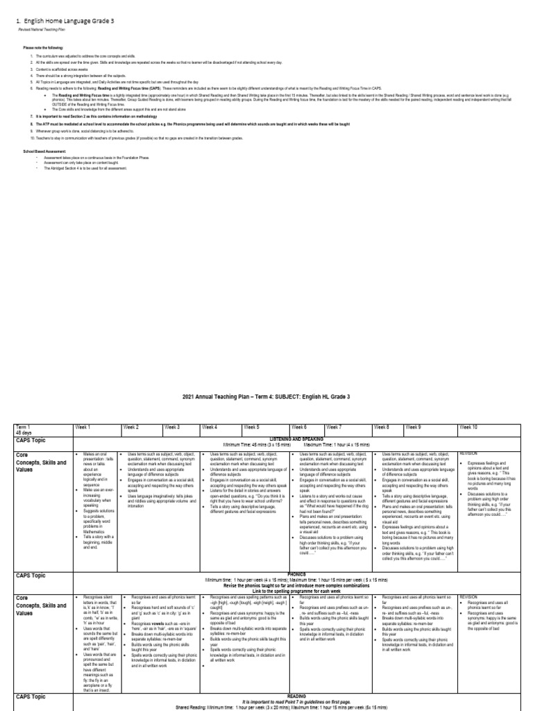 Grade 3 English Home Language Term 4 Teaching Plan | PDF