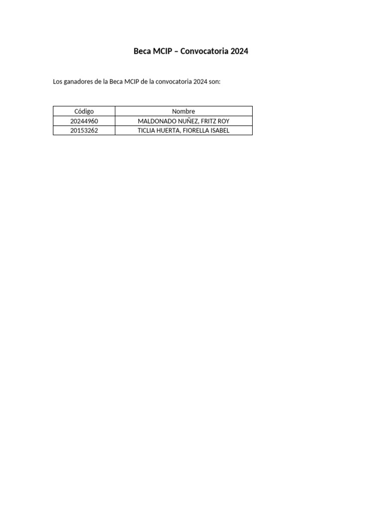 Beca MCIP 2024 Ganadores | PDF