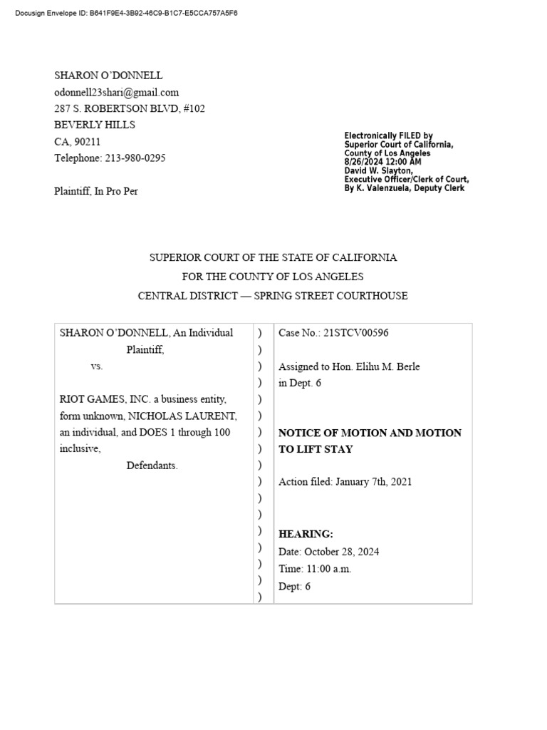 Motion to Lift Stay in O'Donnell v. Riot Games | PDF | Law Of The ...