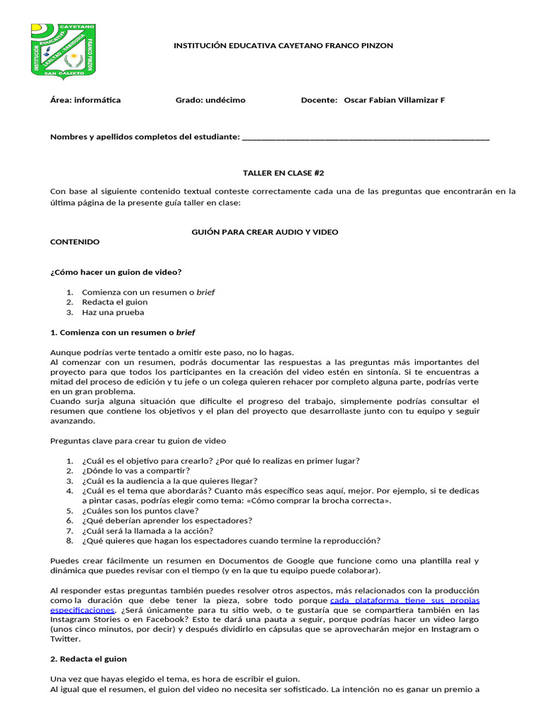 c. Taller en clase #2_Tecnología e informática_Primer período_Grado undécimo_Grupos A_B | PDF